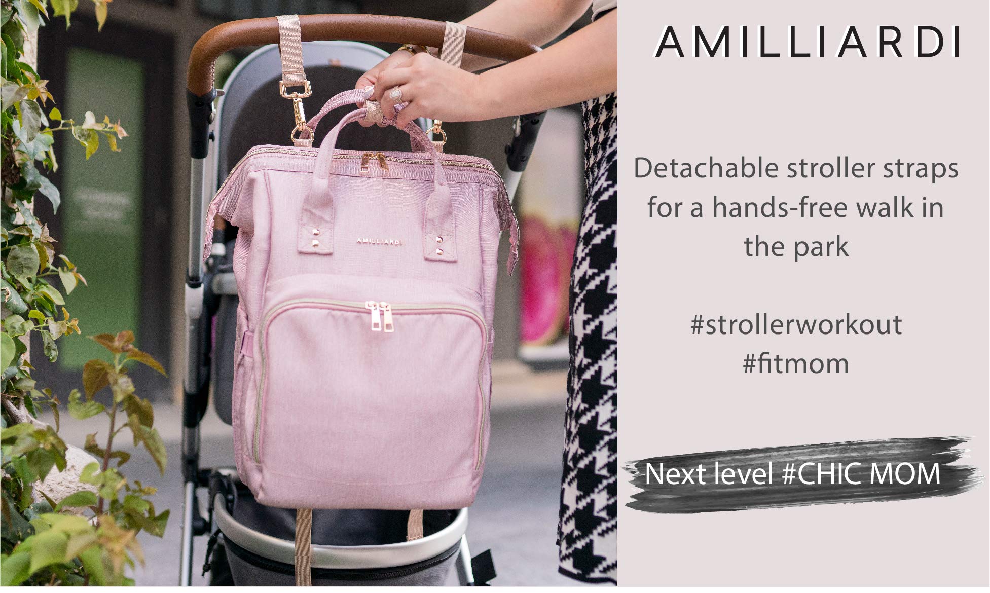AMILLIARDI Diaper Bag Backpack - 6 INSULATED Bottle Holders - Detachable Stroller Straps (Light Pink)