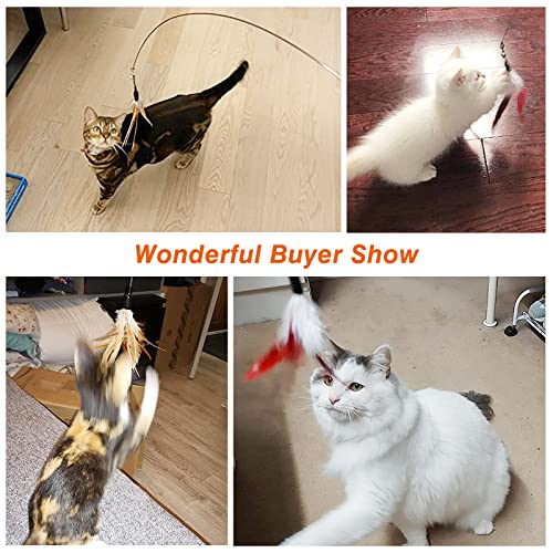 Pawaboo Feather Teaser Cat Toy, Interactive Feather Wand Cat Toy Flying Feather Cat Catcher with Extra Long 34.5" Wand and Small Bell, Fun Exerciser Playing Toy for Kitten or cat, Brown Feather
