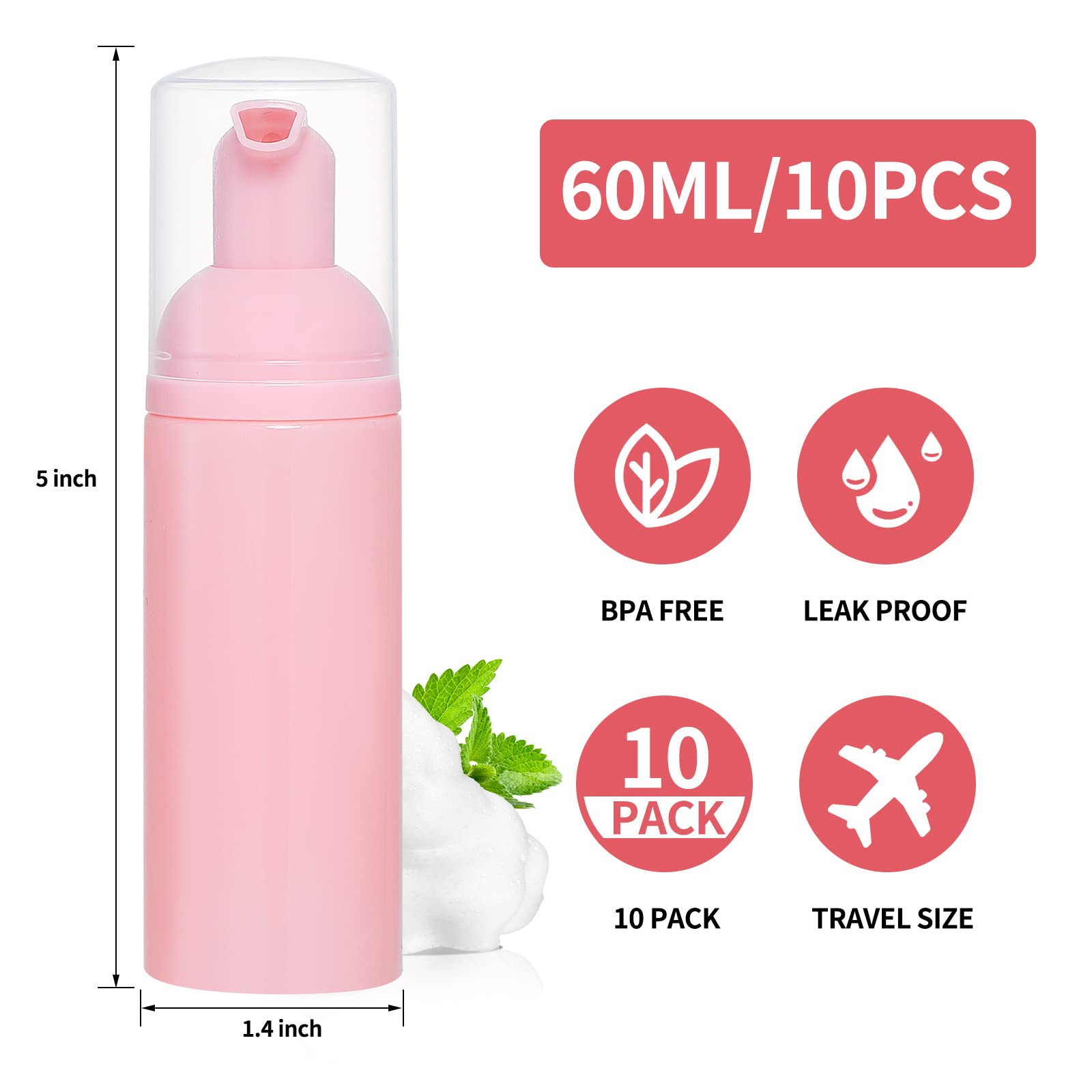 Soap Foam Bottle Empty Lash Cleanser Bottles 10 pcs Travel Foaming Lotion Containers with Pump for Dispenser (60ml, 2OZ)