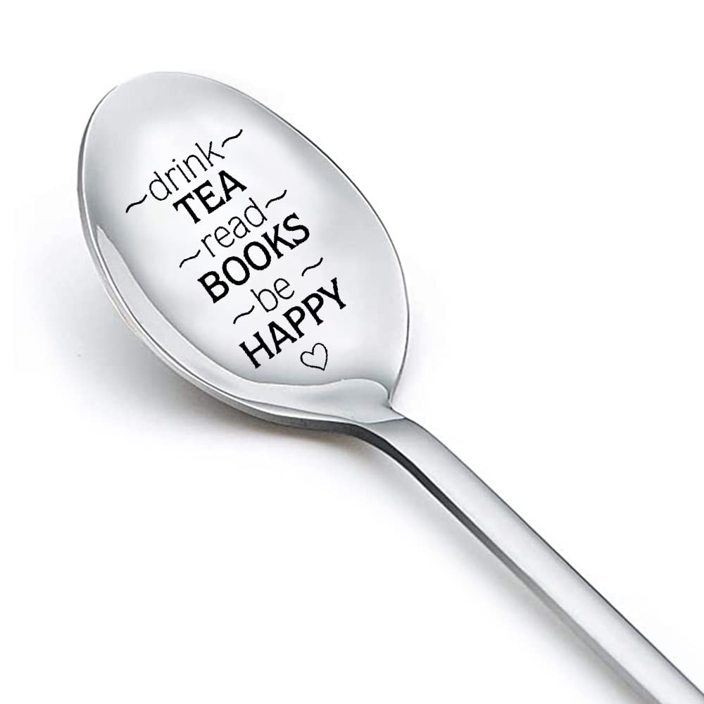 Tea Book Lovers Gifts Spoon for Women Men Drink Tea Read Books Be Happy Spoons for Tea Lover Book Reader Friendship Gifts for Girls Boys Graduation Birthday Gift for Family Student Friend Teaspoon