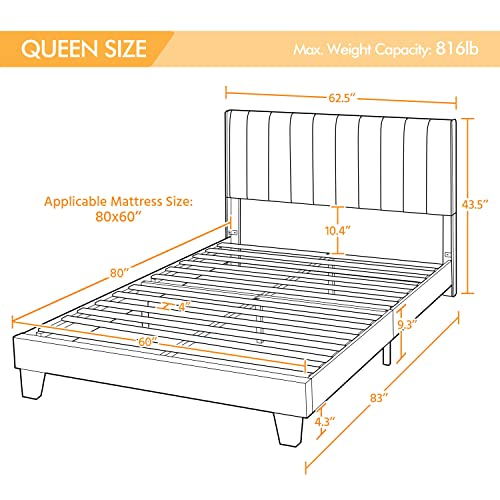 Yaheetech Upholstered Platform Bed with Wing Edge Channel Tufted Headboard Mattress Foundation/Heavy Duty Wooden Slat Support/No Box Spring Needed, Easy Assembly, Navy Blue, Queen Size