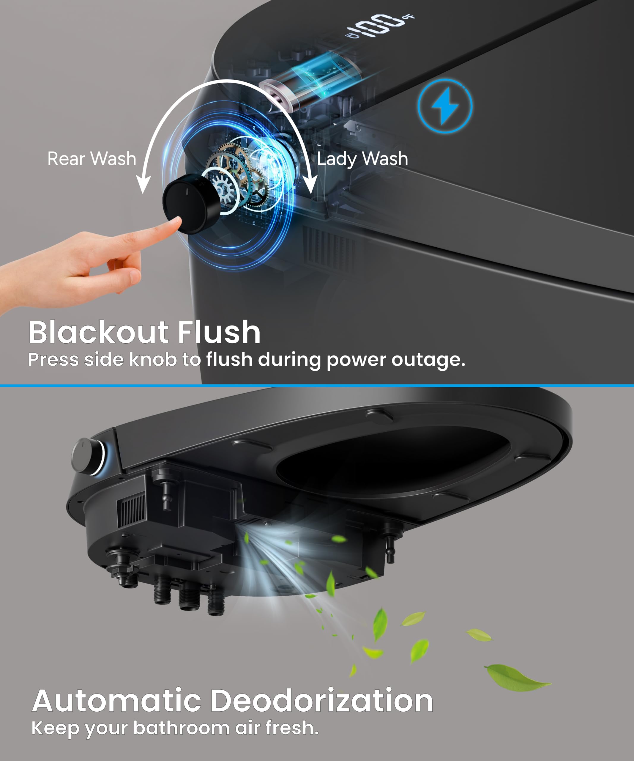 CANEST Black Smart Toilet with Pump-assisted Flush, Auto Open/Close Lid, Smart Bidet Toilet, Foot Sensor, Heated Seat, Warm Dryer, Temperature Display, Night Light (TC-200BG)