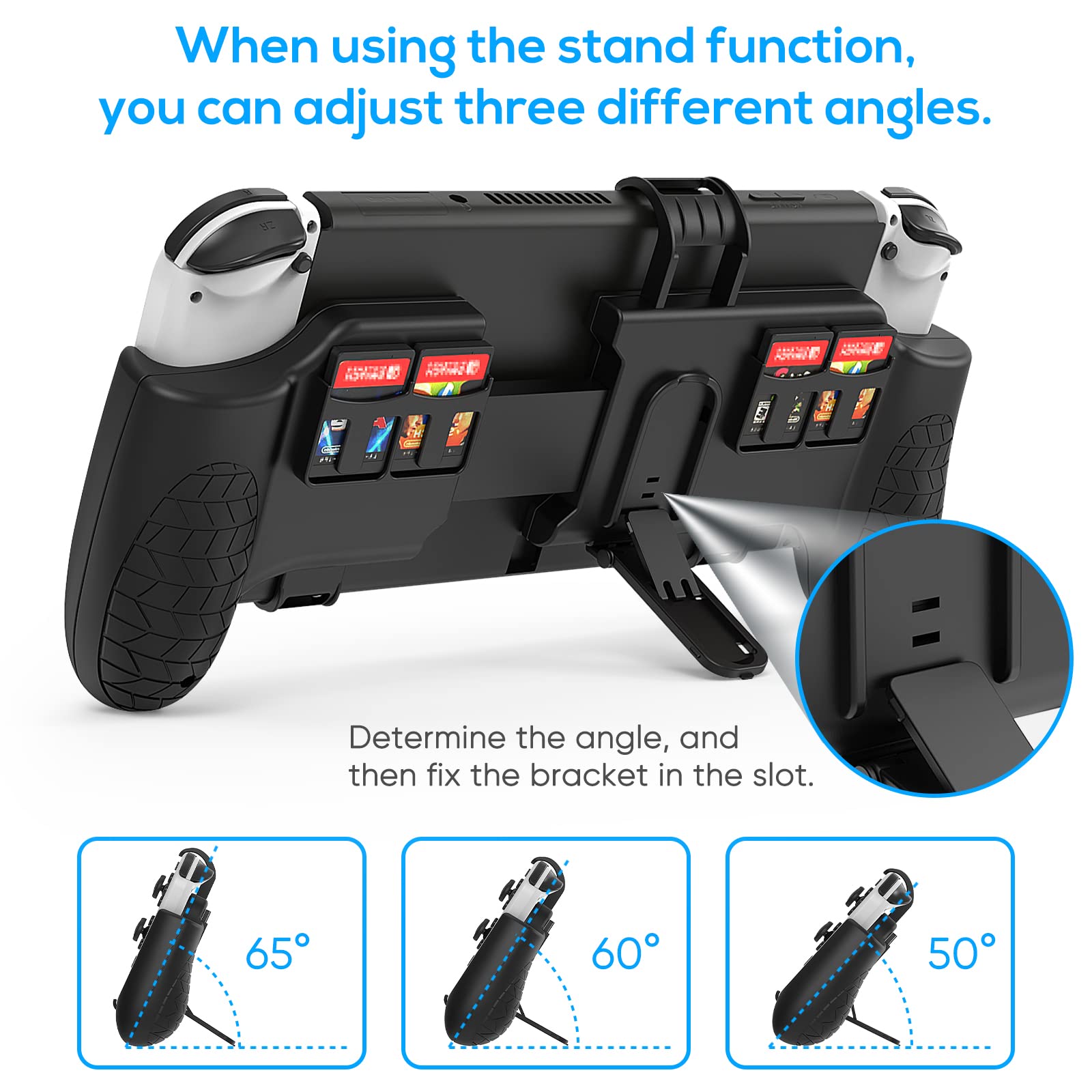 Switch OLED Grip Case Compatible with Nintendo Switch/ Switch OLED/ Switch Lite - Universal Hand Grip Accessories with Adjustable Stand/ 4 Game Slots, 8 Thump Caps for JoyCon & Switch Control, Black