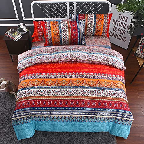 WONGS BEDDING Bohemian Quilt Set and Comforter Set Queen, Boho Striped Pattern Printed Quilt Coverlet for All Season, Soft Microfiber Boho Bedspread Set 90"x96"(3 Pieces, Queen)