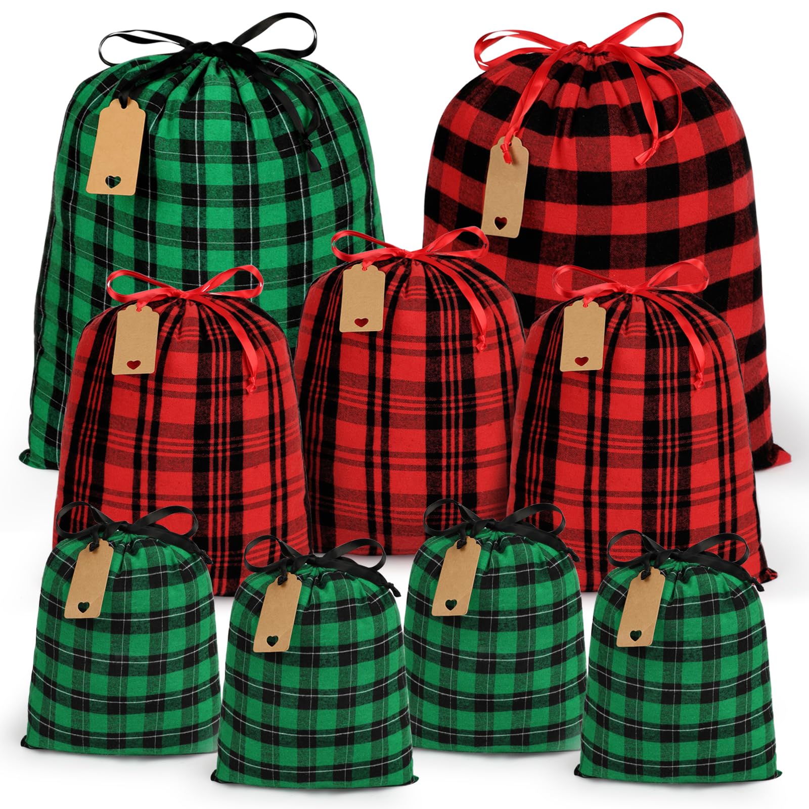Shintop Fabric Christmas Gift Bags Drawstring, 9pcs Reusable Xmas Sacks Assorted Sized Buffalo Plaid Cloth pouches with Gift Tags Holiday Wrapping for Xmas Party Presents(Red, Green)