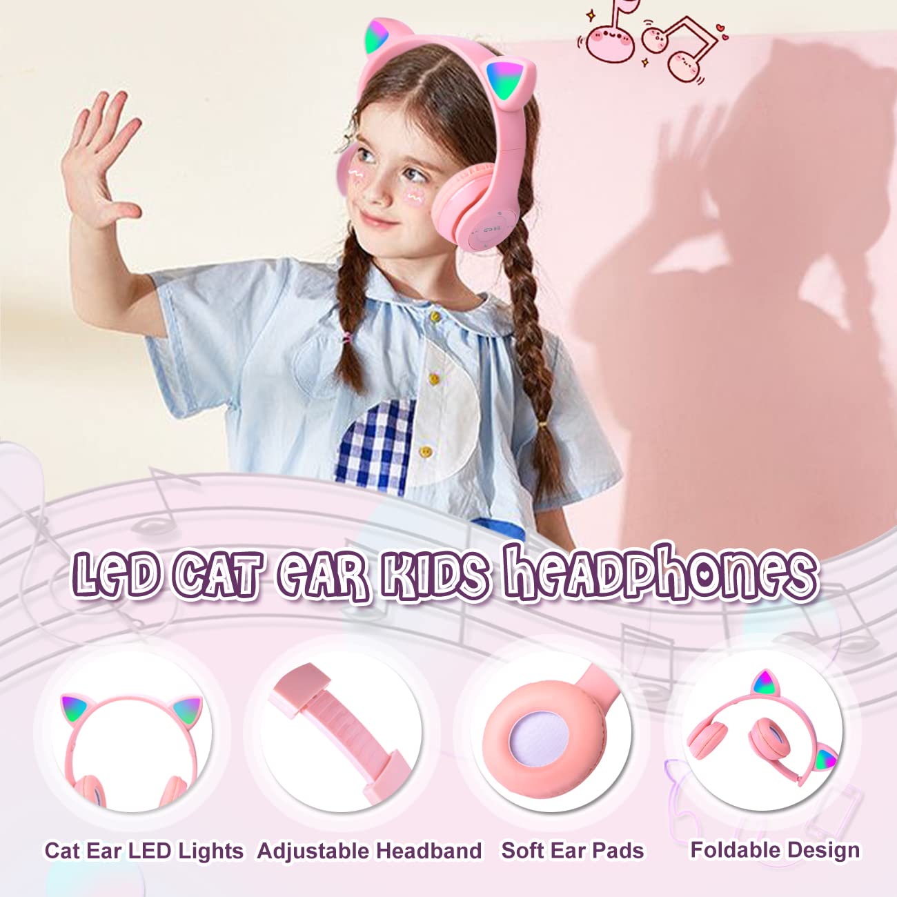 Wireless Cat Ear Headphone, Kids Headphones with Mic&LED Light Up Cat, 85dB Safe Volume Limited, Foldable Kitty Headpones for Online Learning, School, Travel, Tablet, Smartphone - Support 3.5mm Audio