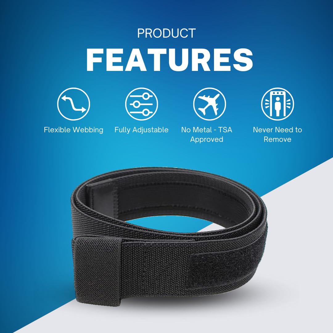 Flexible Black Nylon Belt with Adjustable Hook and Loop Closure – No Buckle No Metal and TSA Approved (Black-L)