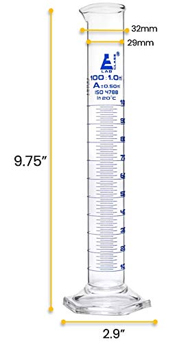 EISCO Graduated Cylinder, 100ml - Class A Tolerance ±0.50ml - Hexagonal Base - Blue Graduations - Borosilicate 3.3 Glass