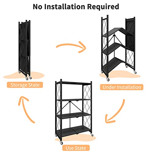 WHIFEA 4 Tier Foldable No Assembly Storage Shelves with Wheels 28.3’’*15’’*49.6’’ Free Standing Metal Wire Rack Heavy Duty Pantry Collapsible Organizer for Kitchen Bedroom Bathroom Office Black