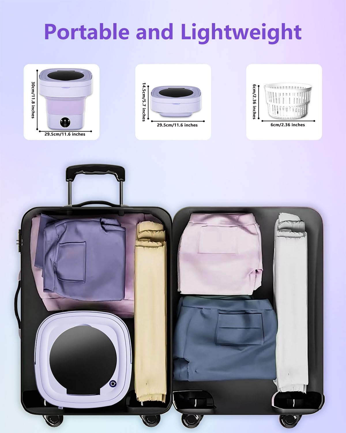 Portable Washing Machine, 9L Mini Laundry Washer with 3 Modes Cleaning for Underwear, Baby Clothes, Sock, Small Delicates. Foldable Washer and Dryer Combo for Apartment, Home, Hotel,Camping,RV(Purple)