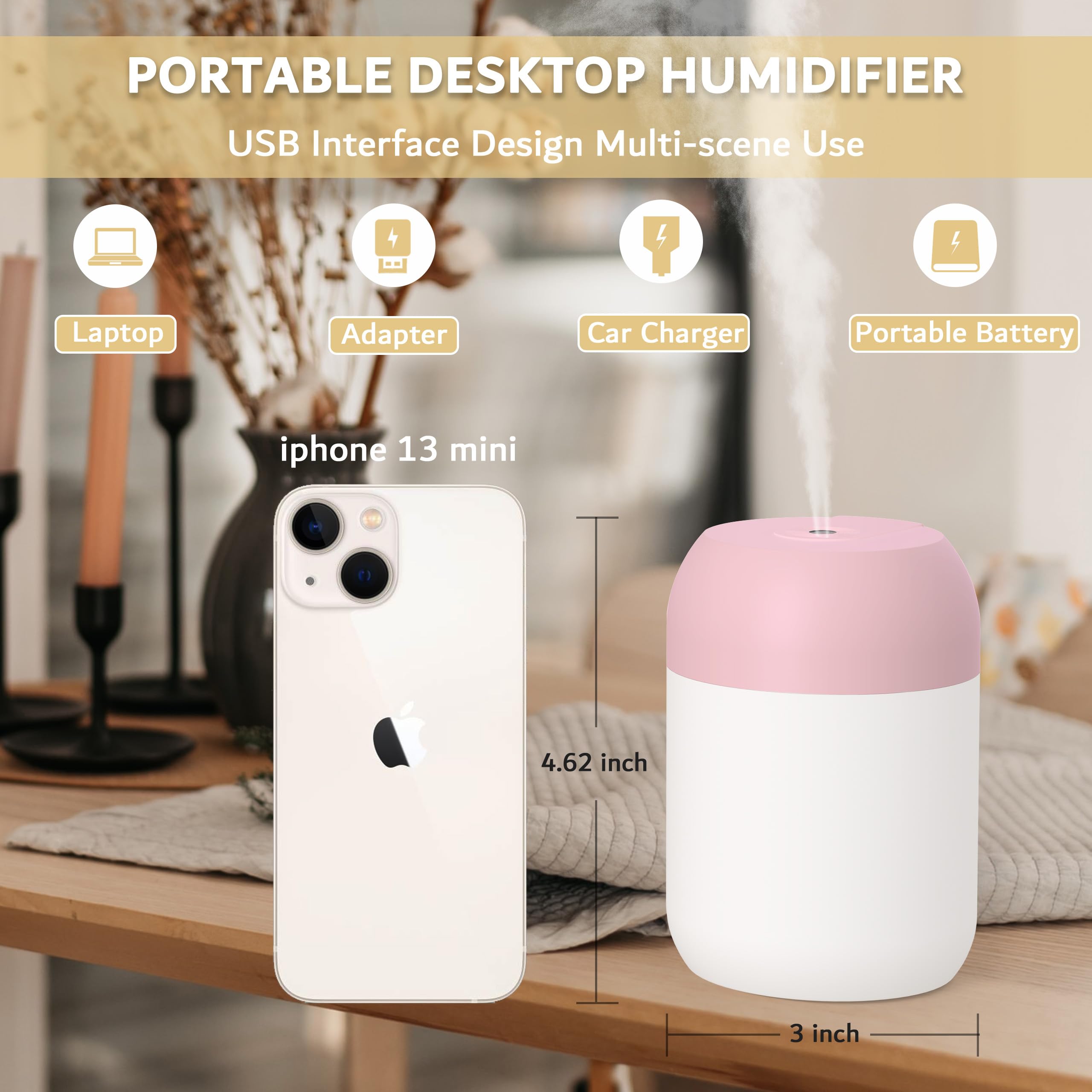 Portable Mini Humidifier, Small Cool Mist Humidifier with Night Light, USB Personal Desktop Humidifier for Baby Bedroom Travel Office Home, 2 Spray Modes, Waterless Auto Shut-Off, Super Quie (Pink)