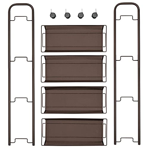 mDesign Slim Steel Metal Rolling Utility Cart Storage Organizer Trolley with 4 Basket Shelves for Laundry Room, Kitchen, Bathroom Organization - Narrow Holder for Detergent - Biro Collection, Bronze