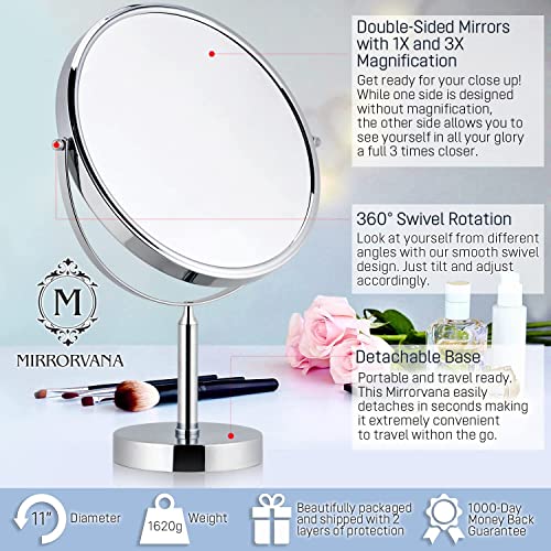 XXLarge Oversized 3X Weak Magnifying Mirror with Stand for Desk, Table, Retail Store Countertop, and Makeup Vanity - Double Sided 3X/1X Magnification - 17" Tall and 11" Wide