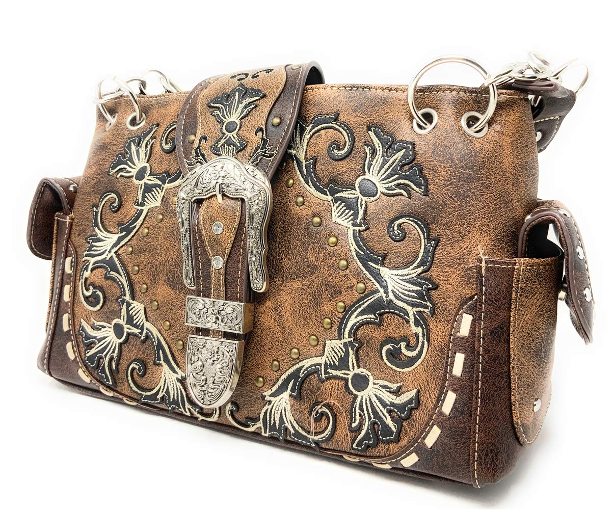 Premium Western Rhinestone Concealed Carry Buckle Floral Womens Shoulder Handbag Purse in Multi Color (Brown)