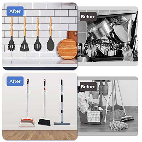 PTYWRTUS Broom Holder, Non Drilling Hole Self-Adhesive Storage Rack Hanger, Anti-Slip Utility Hooks,Mop Holder Wall Mount for Home, Bathroom, Garden, Kitchen, Garage(6Pack) (Transparent+White)