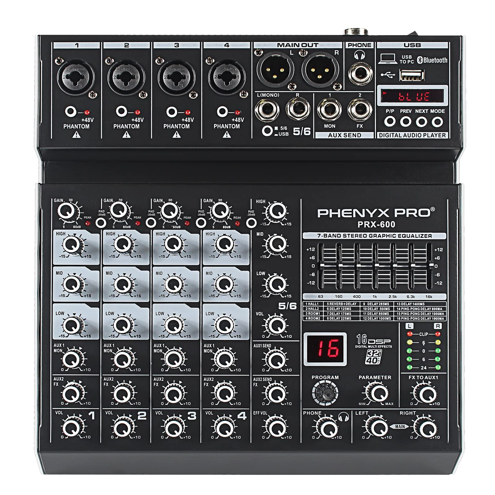 Professional DJ Audio Mixer, Phenyx Pro Sound Mixer, 6-Channel Sound Board Mixer Audio w/Bluetooth & USB Audio Interface, Stereo Equalizer, 16 DSP Effects, 3-Band EQ, For Studio & Stage (PRX-600)