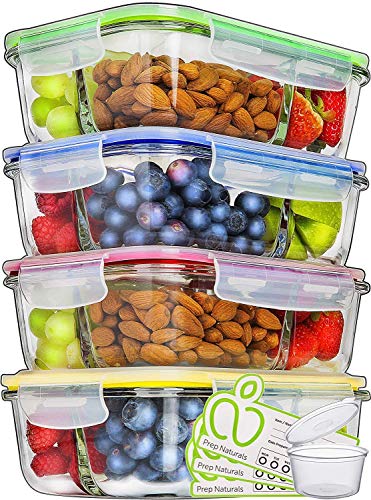 PrepNaturals glass food storage containers, meal prep container, bento box for lunch, dishwasher & microwave safe (multi-compartment)