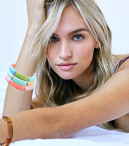 Bamboo Tube Bracelet Chunky Bangle Gold Stacking Bangles Acrylic Clear Stretchable Colorful Beads Friendship Bracelets Gift For Women (colorful rainbow)