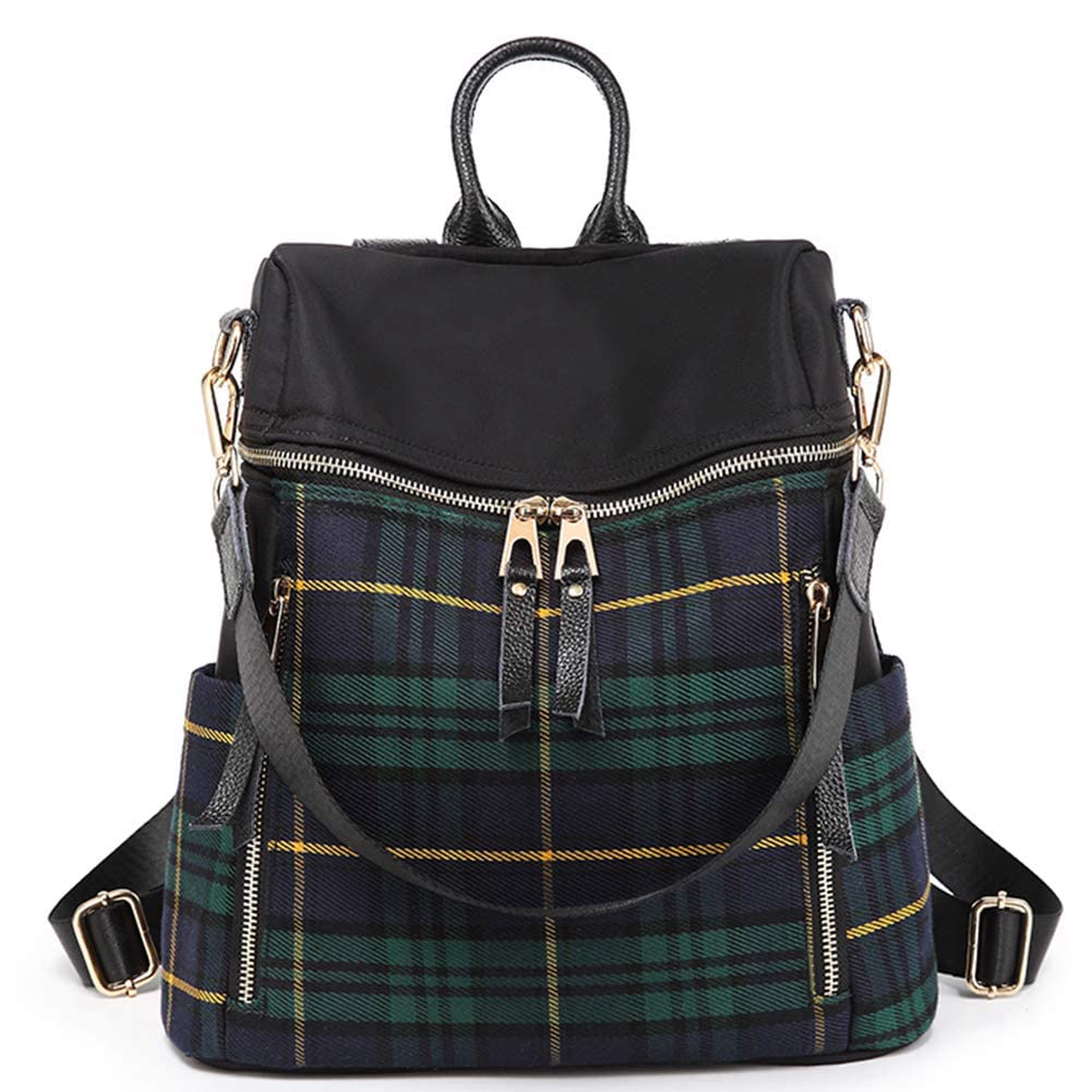 Mn&Sue Plaid Backpack Purse for Women Fashion Casual Daypack Dual-use Travel Shoulder Bag Nylon Rucksack (Green Plaid) One_Size