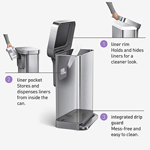 simplehuman 58 Liter / 15.3 Gallon Rectangular Hands-Free Dual Compartment Recycling Kitchen Step Trash Can, Black Stainless Steel