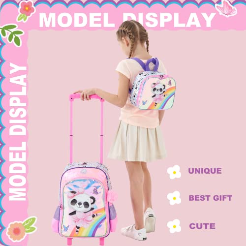 ZBAOGTW Panda Rolling Backpack for Girls with Lunch Box Kids Backpack with Wheels for School Sequin Trolley Trip Luggage Rolling Backpack for Kindergarten Girls Elementary School