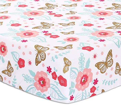The Peanutshell Aflutter Crib Bedding Set for Baby Girls - 3 Piece Floral Nursery Set - Baby Blanket, Crib Sheet, Crib Skirt