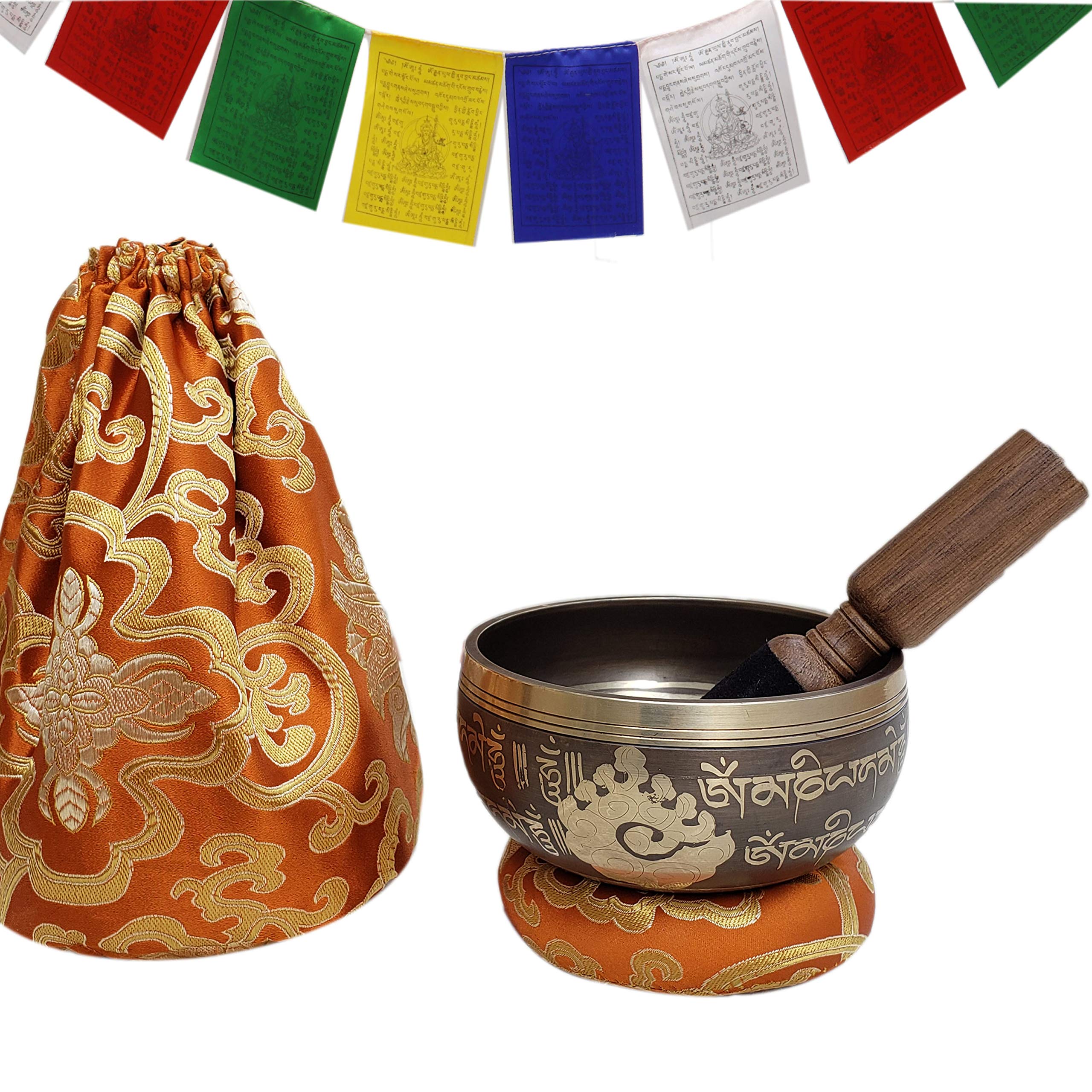 Khusi 4.5 Inch Tibetan Singing Bowl Set, Handmade, Decorative Chakra Bowl for Mindfulness, Wisdom Eye Mantra Engraved, Comes w/Silk Cushion, Leather Mallet and Carry Pouch