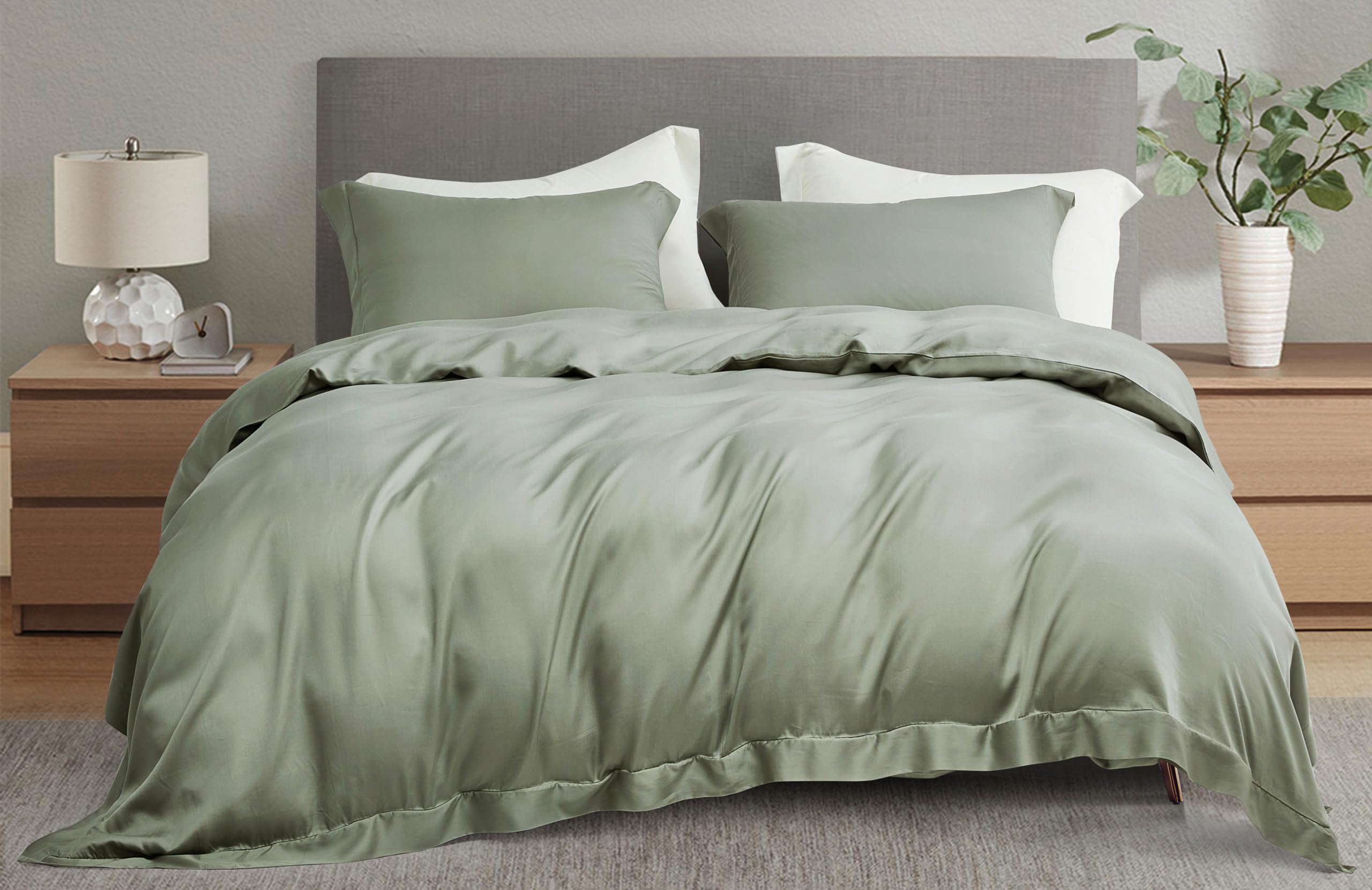 Sterling Creek 100% Tencel Lyocell Duvet Cover Set Queen Size 3-Piece Set - Luxury Soft Breathable Silky Smooth Cooling Comforter Cover with Button Closure for Hot Sleepers (Queen, Eucalyptus)