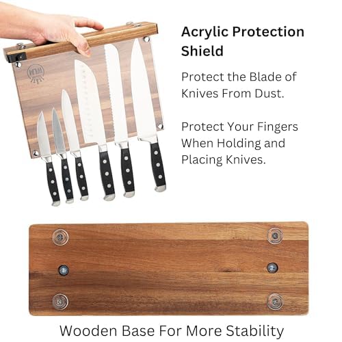 WLM Magnetic Knife Block with Acrylic Shield&Knife Sharpener Double Side Kitchen Knife Holder without Knives. Magnetic Stands with Strong Magnet Multifunctional Storage Knife Holder. Fully Assembled