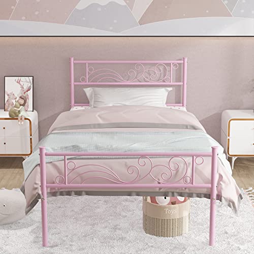 Weehom Twin Bed Frames Metal Platform Heavy Duty Steel Slat Under Bed Storage for Kids Pink