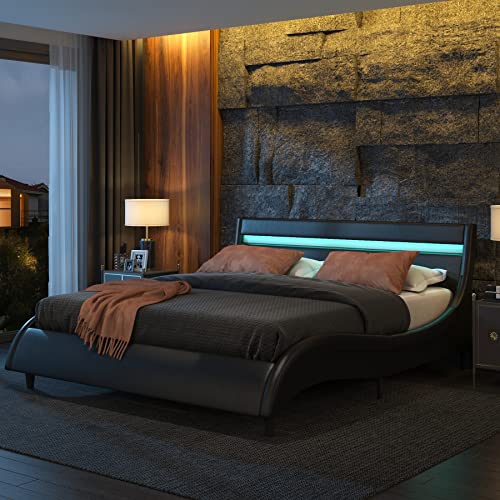 TTVIEW Queen Upholstered Smart LED Bed Frame with Headboard,Modern Faux Leather Wave-Like Platform Bed Frame, Low Profile Bed Frame with Solid Wood Slats Support, Black