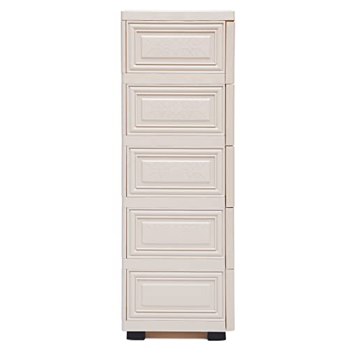 OUKANING Plastic 6 Drawers Storage Cabinet, Modern Beige PP Stackable Vertical Clothes Storage Tower for Storing Clothes, Toys, Books, and Other Items