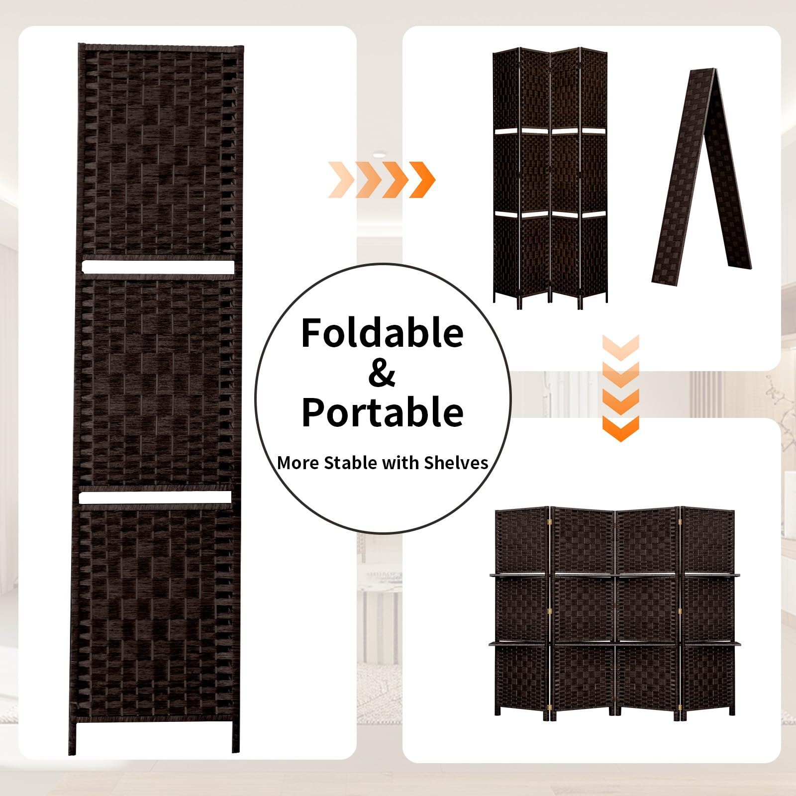 HALLYBEE Room Divider with Shelves, Room Dividers and Folding Privacy Screens, Divider for Room Separation Partition Room Dividers, 16" Folding Screen 6FT Room Divider Wall 4 Panel, Dark Mocha