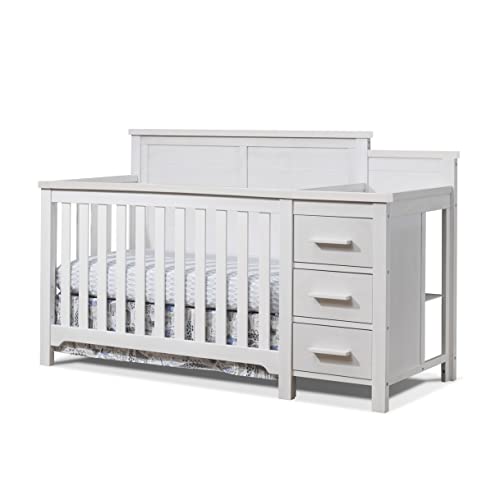 Sorelle Furniture Farmhouse Crib and Changer with Rustic Solid Back Classic -in- Convertible Diaper Changing Table Non-Toxic Finish Wooden Baby Bed Toddler Full-Size Nursery - Weathered White