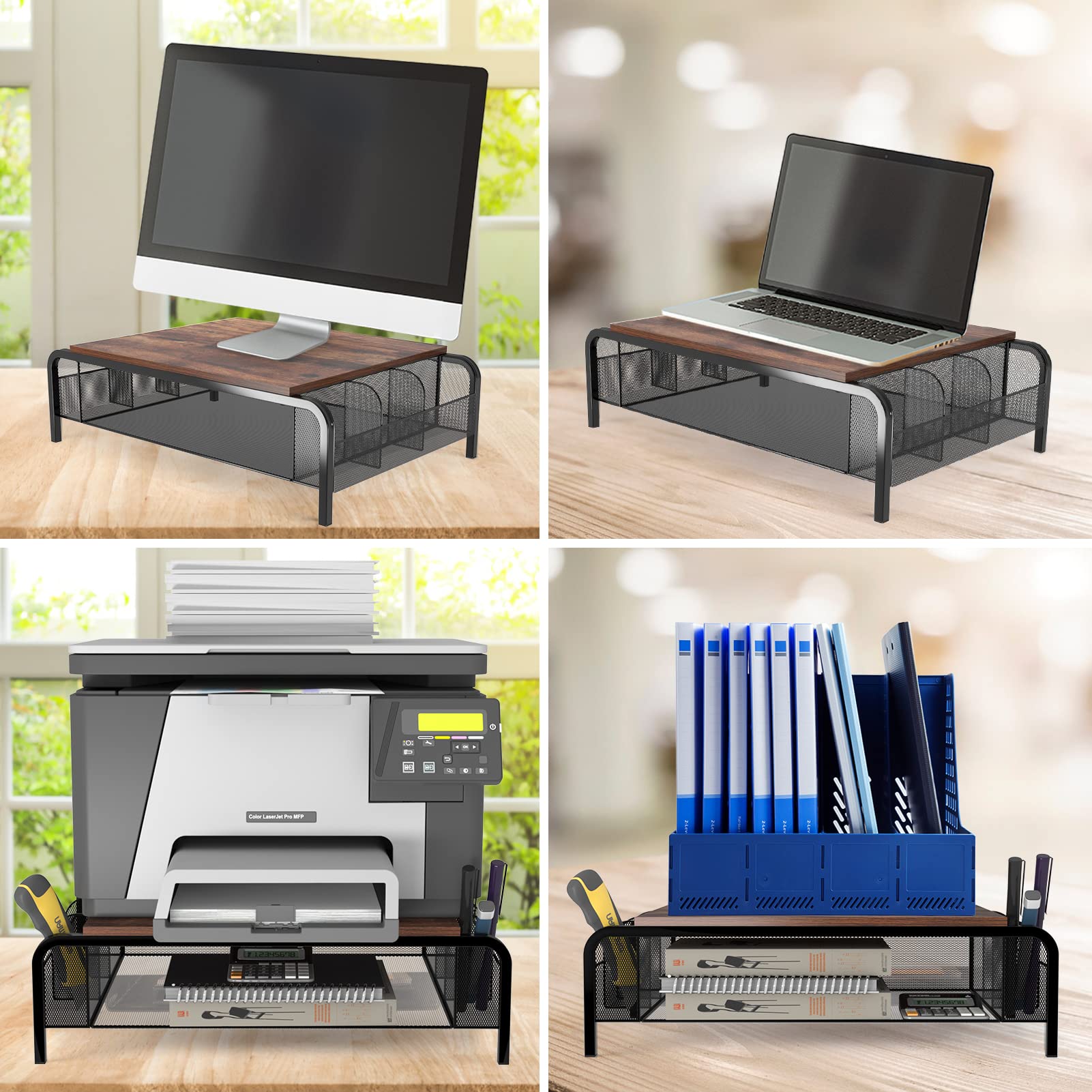 Trwcrt Metal Desk Monitor Stand Riser with Organizer Drawer, Rustic Monitor Riser for Computer, Small Printer, Laptop, Black and Brown