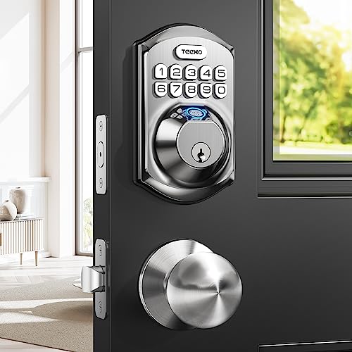 TEEHO TE002K Fingerprint Door Lock Set - Keyless Entry Door Lock with Handle - Door Knob with Keypad Deadbolt - Smart Locks for Front Door - Auto Lock - No Need App - Easy Installation - Satin Nickel