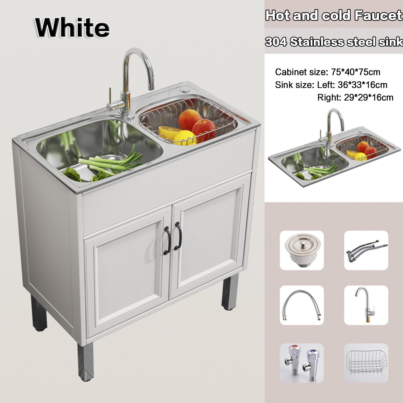 Kitchen Sink Cabinet With Cabinet,Commercial Sink Kitchen,Commercial/Industrial Sink With Cold And Hot Faucet For Small Space Basement Small Rv Business Restaurant ( Color : A , Size : 75*40*75cm )