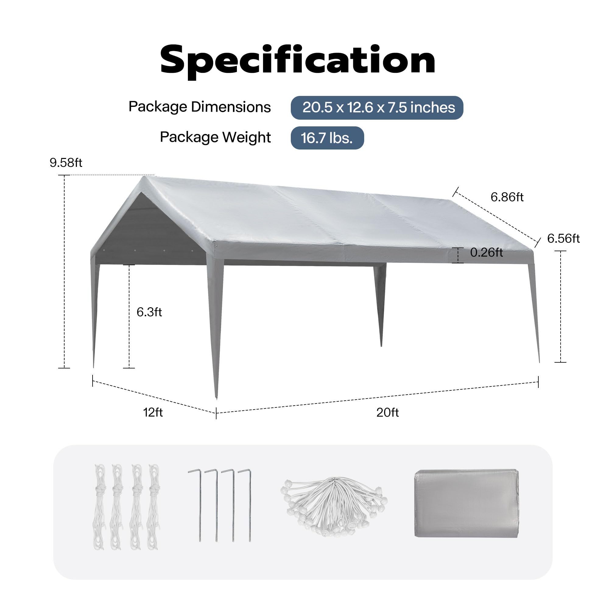 VIVOHOME 12x20ft Carport Replacement Canopy Cover, 180G Waterproof & UV Protected Tarp with 44 Elastic Buckles Suit for Garage Shelter, Frame is Not Included