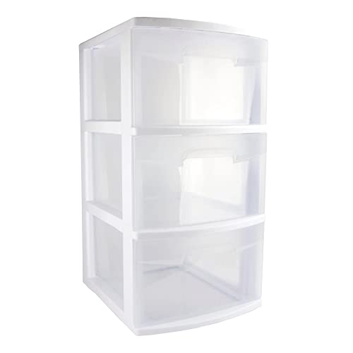 Sterilite 28308002 Home Stackable 3 Drawer Wide Plastic Storage Organizer Container with Drawers and Rolling Wheels, White (Set of 6)