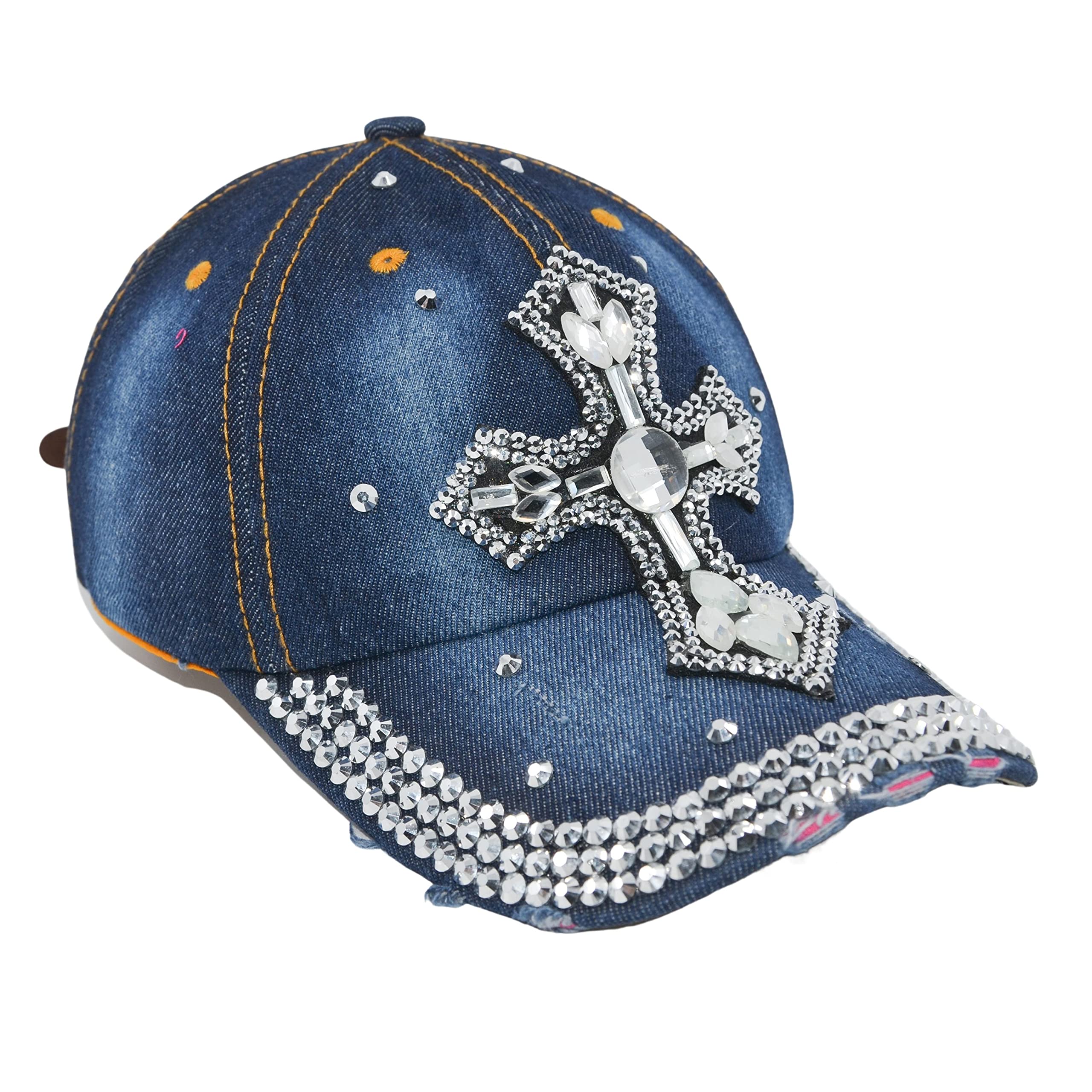 Popfizzy Cross Hat, Rhinestone Hats for Women, Bling Bling Bedazzled Baseball Caps, Distressed Denim Hat, Bejeweled Hats