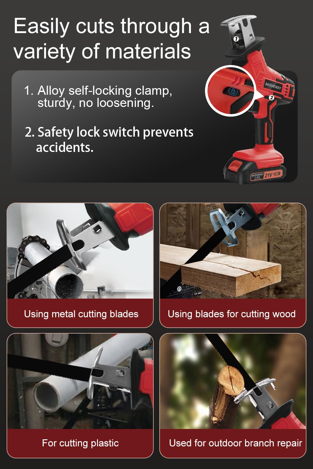 Cordless Reciprocating Saw, 2 x 2.0Ah Battery, Cordless Variable Speed, Blades Kit for Wood/Metal/PVC Cutting RED-A