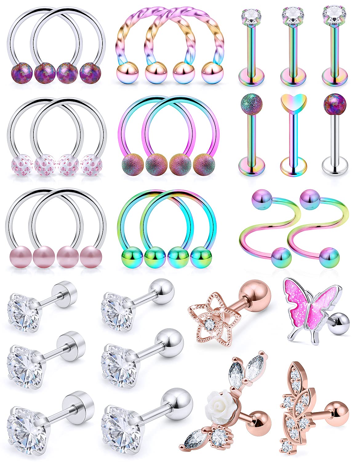 Yaalozei 16G Cartilage Helix Tragus Ear Earrings Stud Set Piercing Jewelry for Women 16 Gauge Stainless Surgical Steel Hypoallergenic Rook Daith Conch Earring Ring Hoop Piercings Jewelry Colorful Men