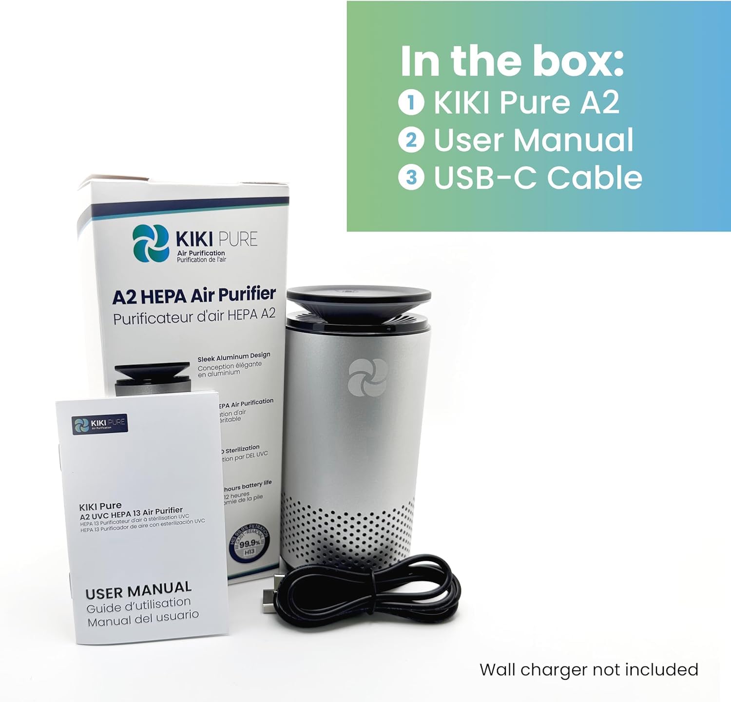 KIKI PURE A2 UV & HEPA Portable Air Purifier -5.6 in tall, 11 oz. Ideal for Travel, In-Car, Mini Air Purifier, GRAPHITE.