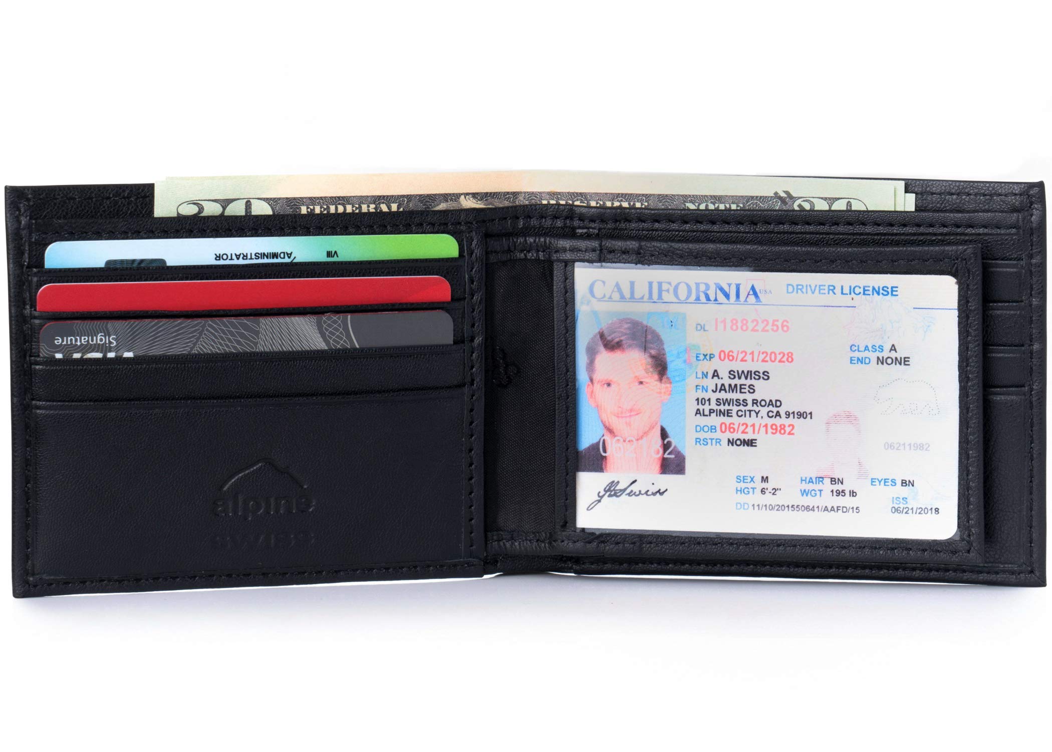 Alpine Swiss Mens RFID Blocking Leather High Capacity Bifold Wallet Black