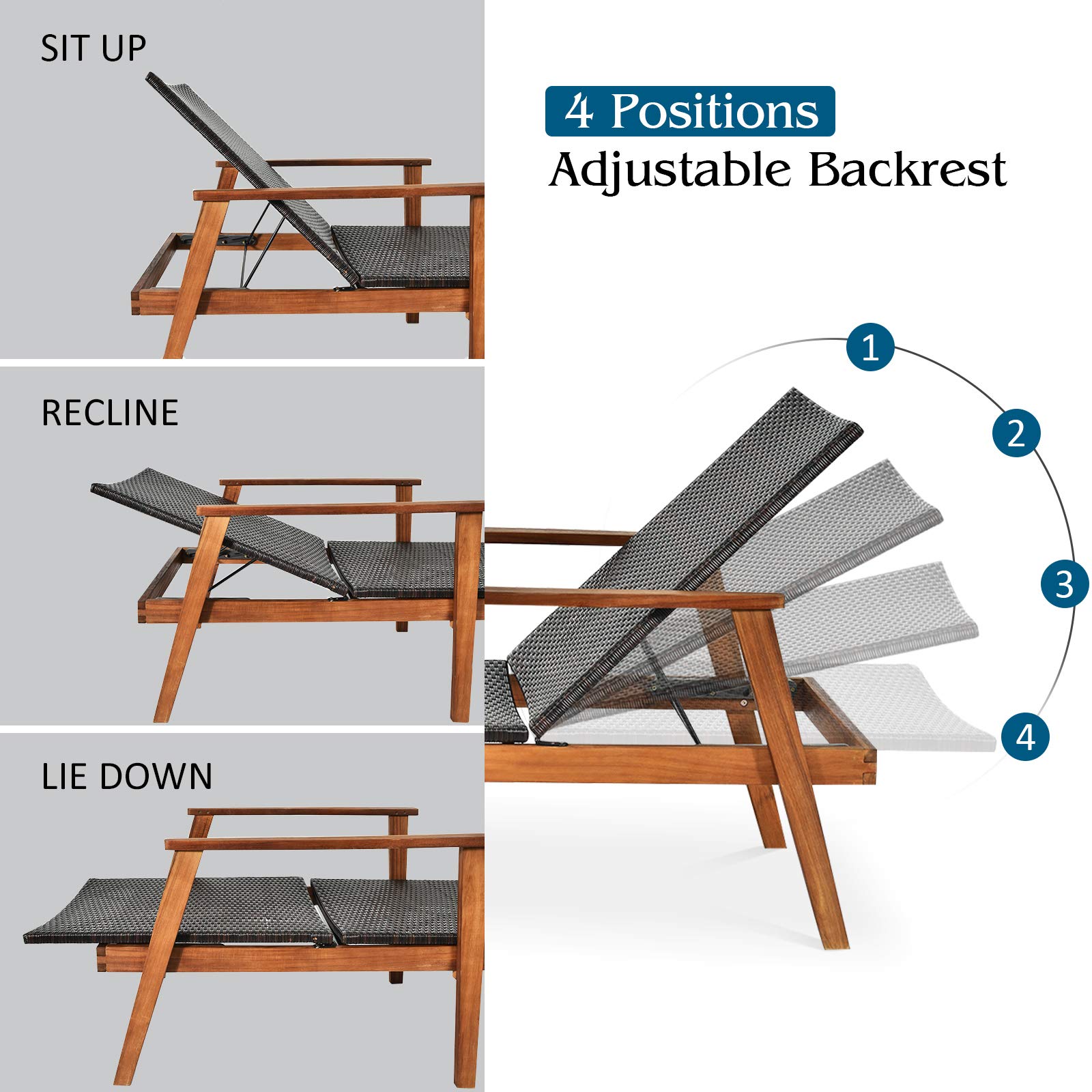 Tangkula 3 Pieces Outdoor Chaise Set, Wicker Rattan Lounge Chair w/Acacia Wood Frame, 4 Adjustable Positions Patio Wicker Lounge Set & Foldable Side Table, Suitable for Lawn, Backyard (Mix Brown)