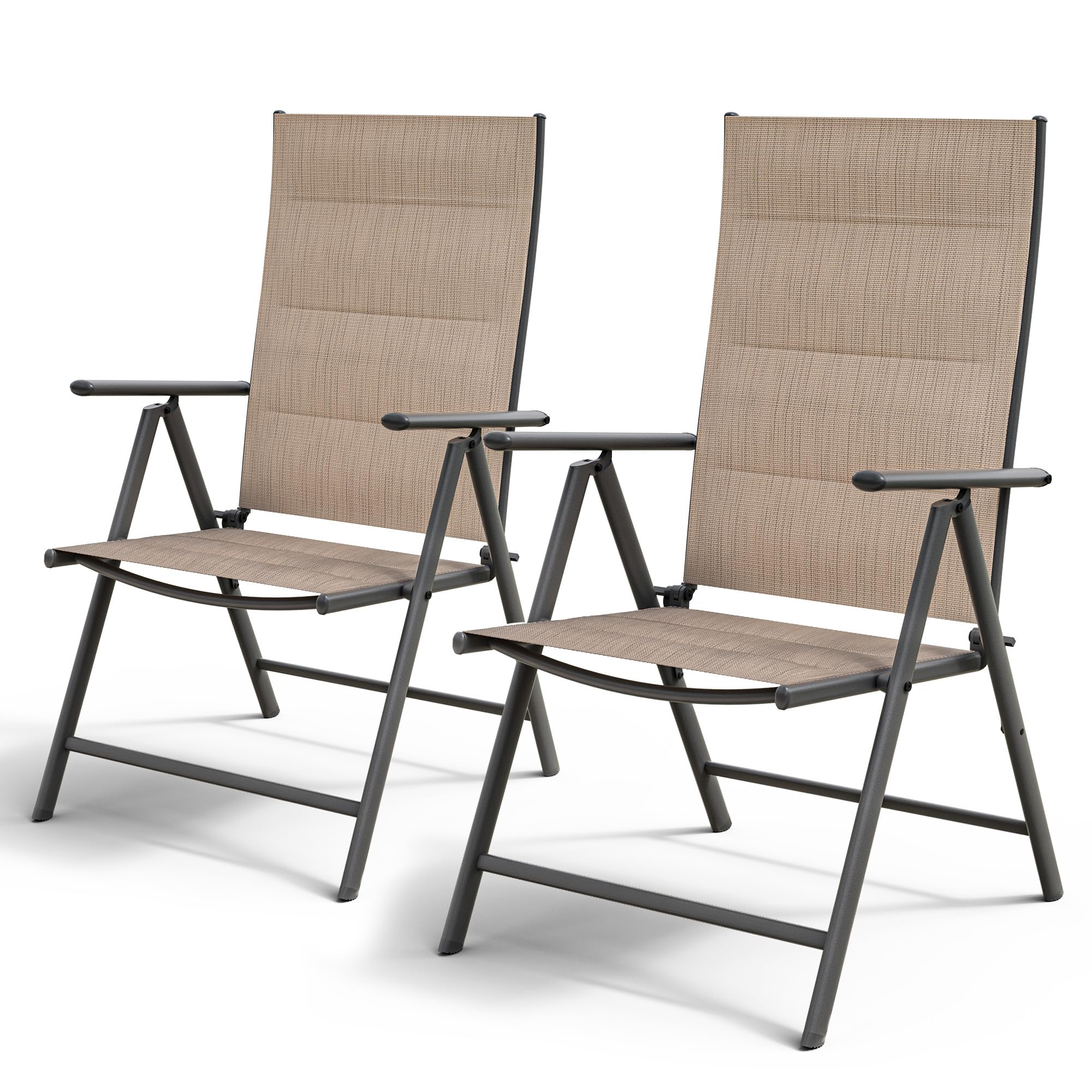 UDPATIO Patio Folding Chairs Set of 2, Folding Lawn Chairs with Adjustable Backrest, Padded All Weather Textilene, Heavy Duty Folding Chairs for Outdoor, No Assembly Required, Beige