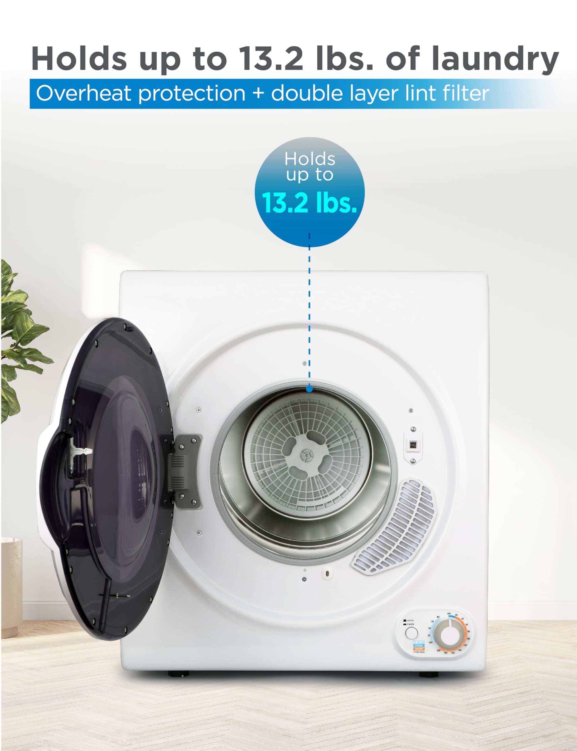 Commercial Care 3.5 Cu. Ft. Portable Dryer, 120V Electric Dryer for Clothes, Front Loading Dryer Machine Holds Up To 13.2 lbs. or 6 kg. of Laundry, Stainless Steel Drum, 1500 Watts, White