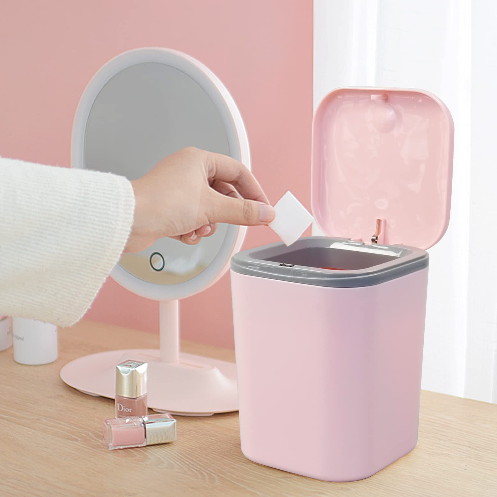 Vababa Mini Plastic Waste Can, 2 L/0.5 Gallon Push-Button Trash Can, Pink