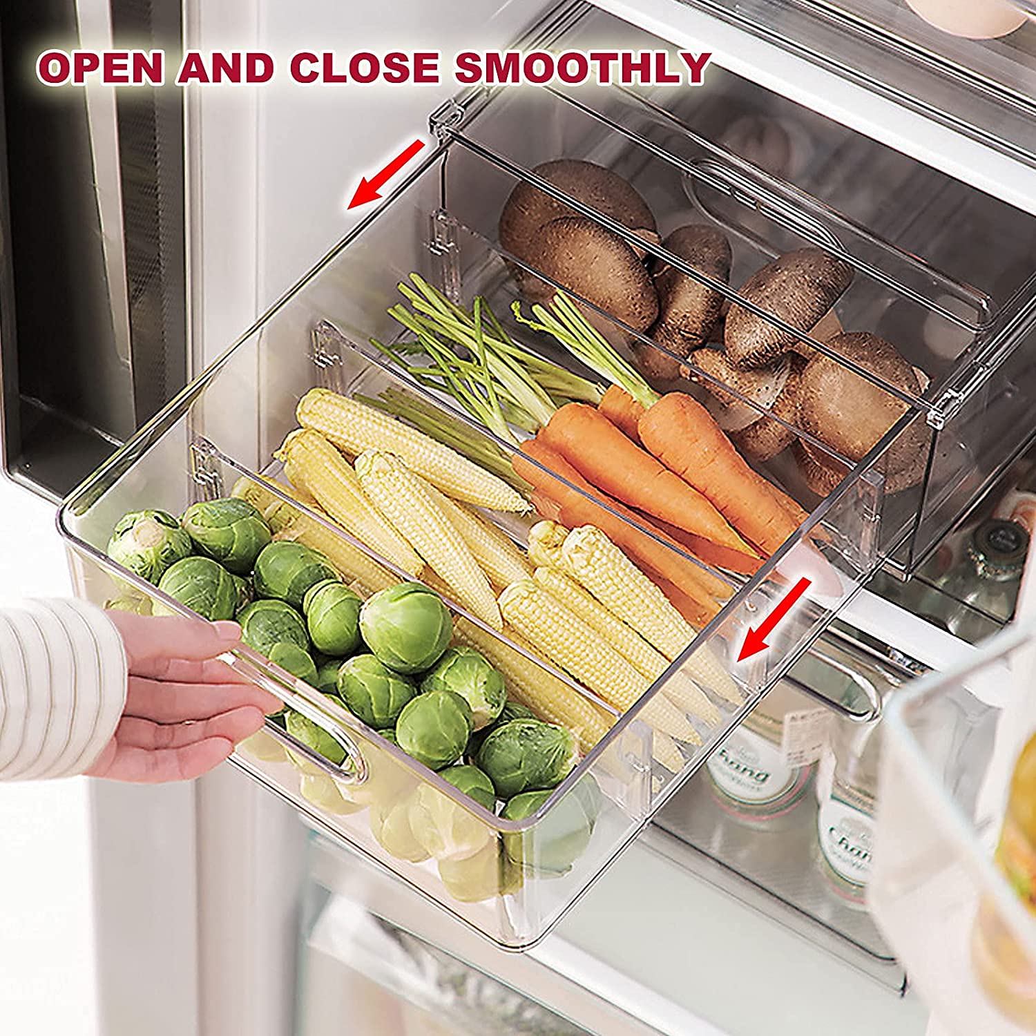 Refrigerator Organizer Bins with Pull-out Drawer, Large Stackable Fridge Drawer Organizer Set with Handle, BPA-free Drawable Clear Storage Cases for Freezer, Cabinet, Kitchen, Pantry Organization