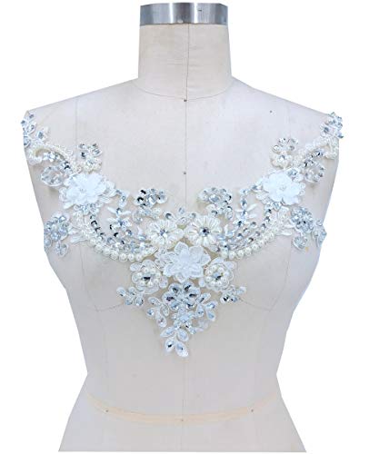 wtbv.n Handmade Crystal Peal Patches Sequins Rhinestones Ivory lace Trim Applique 38 * 28cm for Dress Skirt